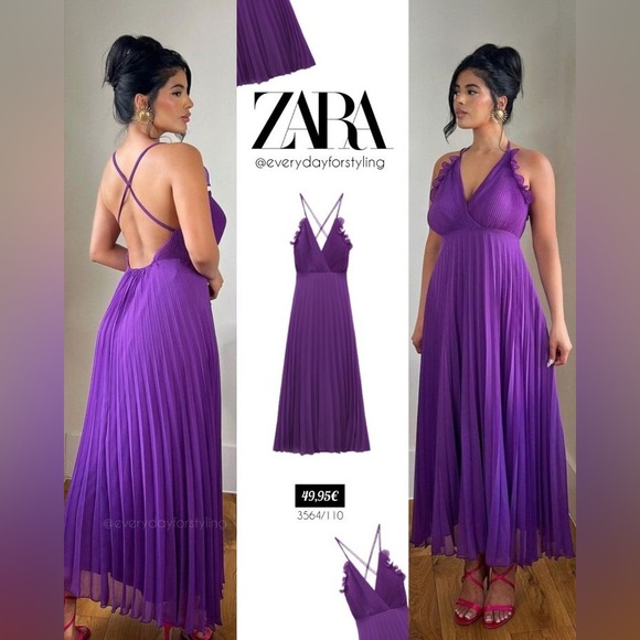 Zara | Dresses | Zara Purple Pleated Slip Ruffled Midi Dress Size Xs ...